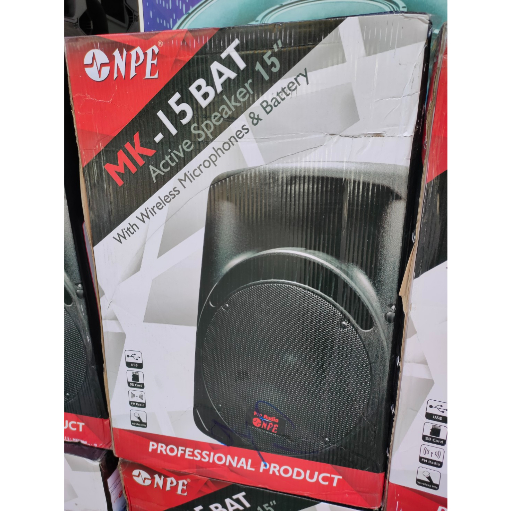 NPE MK-15BAT ลำโพงอเนกประสงค์พร้อมแอมป์ ไมค์ลอยคู่ 15 นิ้ว FM Radio,ช่องต่อ USB SD Card MP3 ...