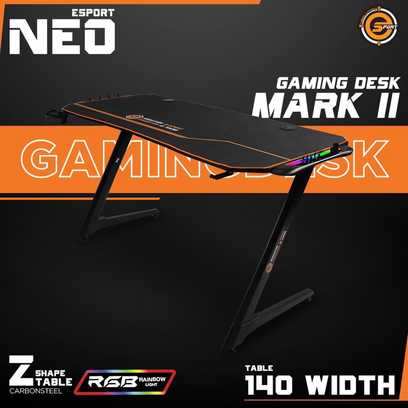โต๊ะเกมมิ่ง Neolution Esport Gaming Desk MASK II ไฟ RGB🌈 ขา Z ขนาด 140x60x75 cm แถมแผ่นรองเมาส์ ...
