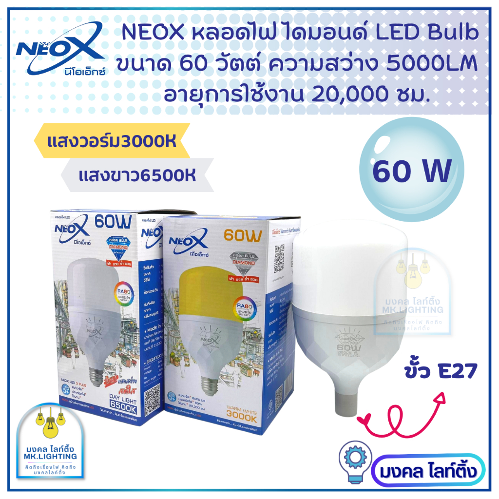 NEOX หลอดไฟ LED Bulb ขั้ว E27 ขนาด 60 W รุ่น Diamond หลอดไฟแอลอีดีบั๊บ นีโอเอ็กซ์ หลอดไฟNeox ทรง ...