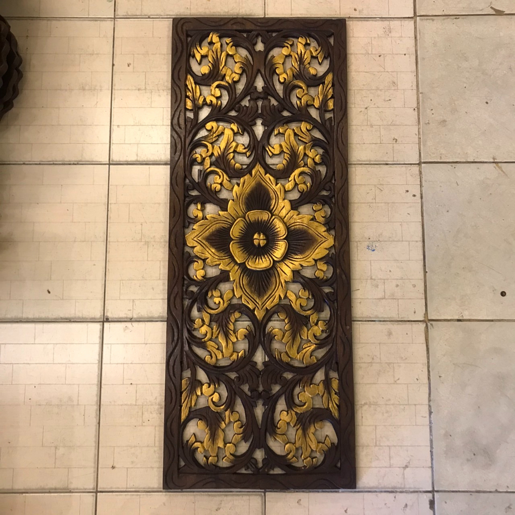 แผ่นไม้สัก แกะสลัก ลายดอก ปัดทอง ขนาด 35x90 cm. งานไม้สัก ของตกแต่ง | Shopee Thailand