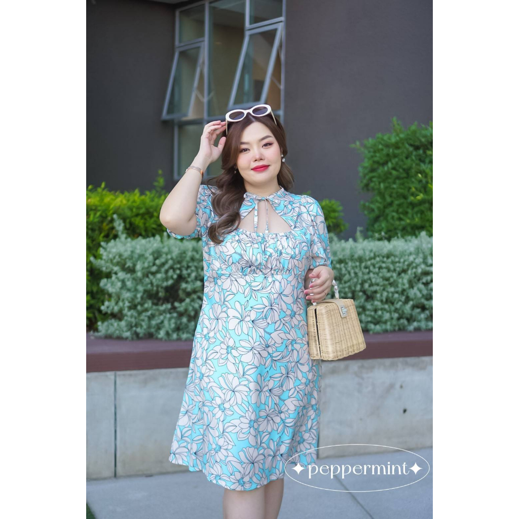 เดรสสาวอวบ ทรงรูดอก น่ารักสดใส ลายดอกคัลเลอร์ฟูล อก40-50 Peppermint PlusSize (634) | Shopee Thailand