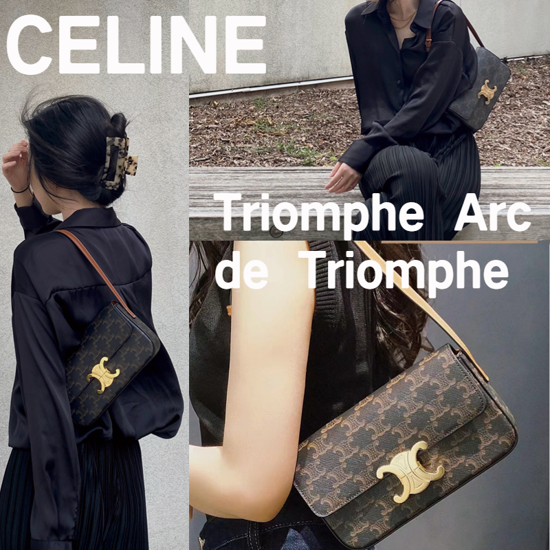 CELINE/CELINE โลโก้ Triomphe Arc de Triomphe / โลโก้พิมพ์คลาสสิกเต็มรูปแบบ / หนังล็อคพื้นผิวโลหะ ...