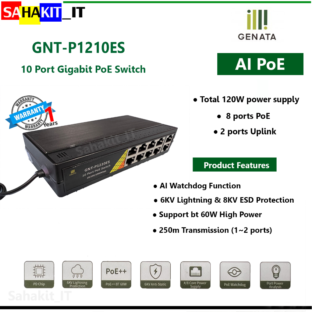 สวิทซ์ PoE : GENATA AI PoE Switch 10 Port Gigabit รุ่น GNT-P1210ES ...