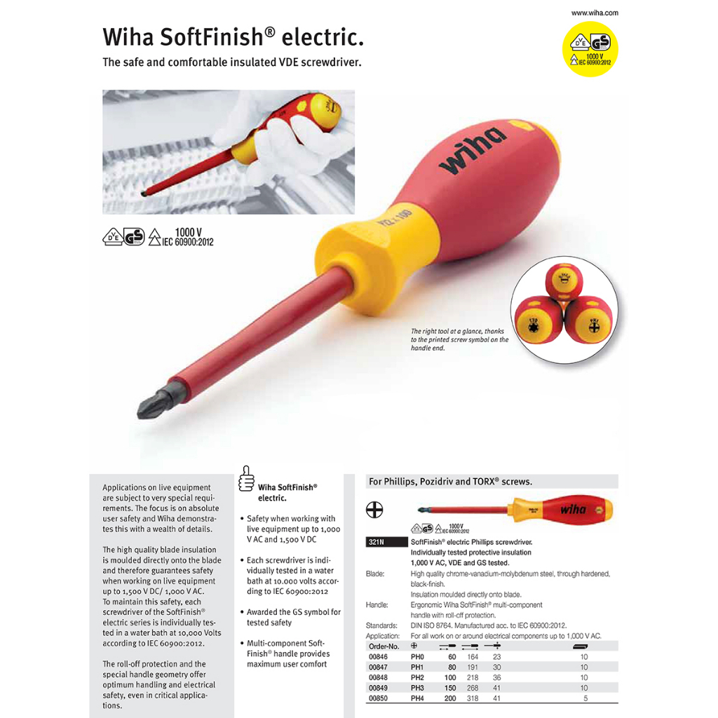 Wiha 321N SoftFinish electric VDE ปากแฉก PH เลือกขนาด PH0 PH1 PH2 PH3 ไขควงฉนวนไฟฟ้า 1000V ...