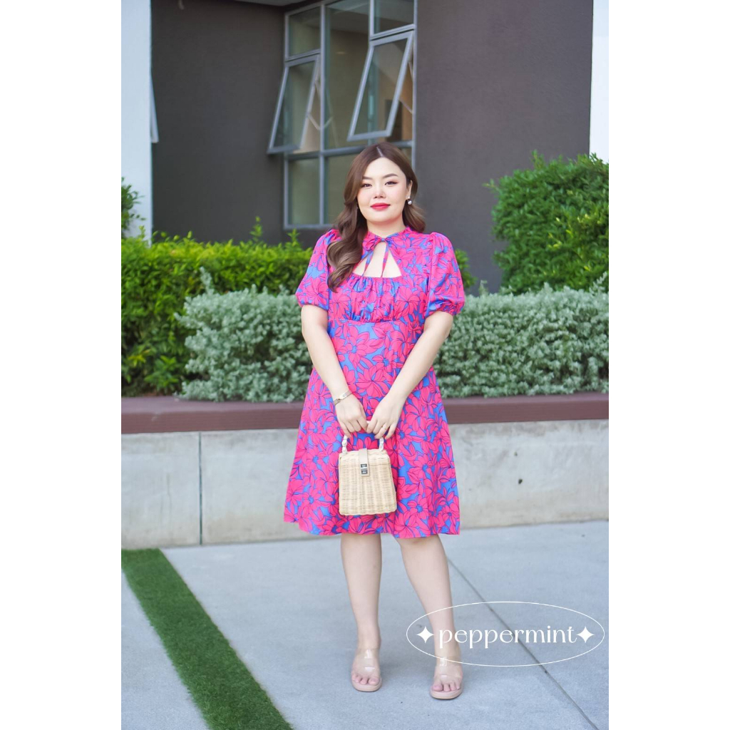 เดรสสาวอวบ ทรงรูดอก น่ารักสดใส ลายดอกคัลเลอร์ฟูล อก40-50 Peppermint PlusSize (634) | Shopee Thailand