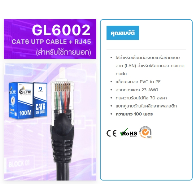 Glink สายแลน CAT6 Outdoor รุ่น UTP Cable GL6002 / GL-6002 (100m/Box) สำหรับใช้ภายนอกอาคาร ...