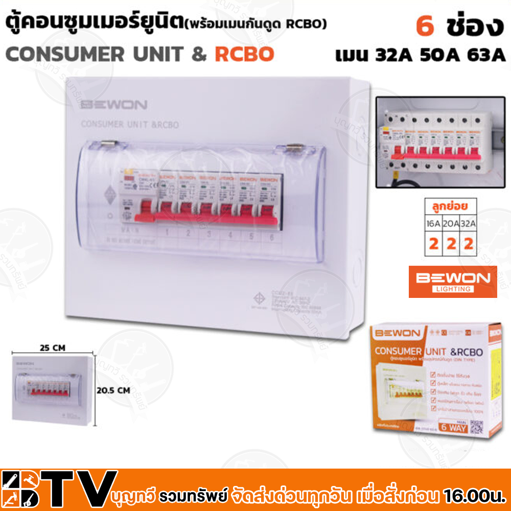 BEWON ตู้ไฟกันดูด ตู้ตัดไฟ ตู้คอนซูมเมอร์แบบเกราะราง RCBO 6 ช่อง มีRCBO ...