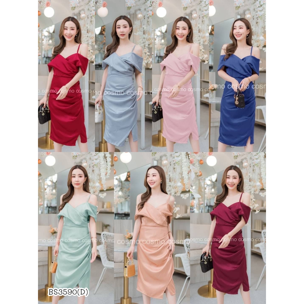 BS3590 เดรสออกงาน สายเดี่ยว ผ้าซาร่าเนื้อเงา แต่งไขว้หน้า งานซิปหลัง ...
