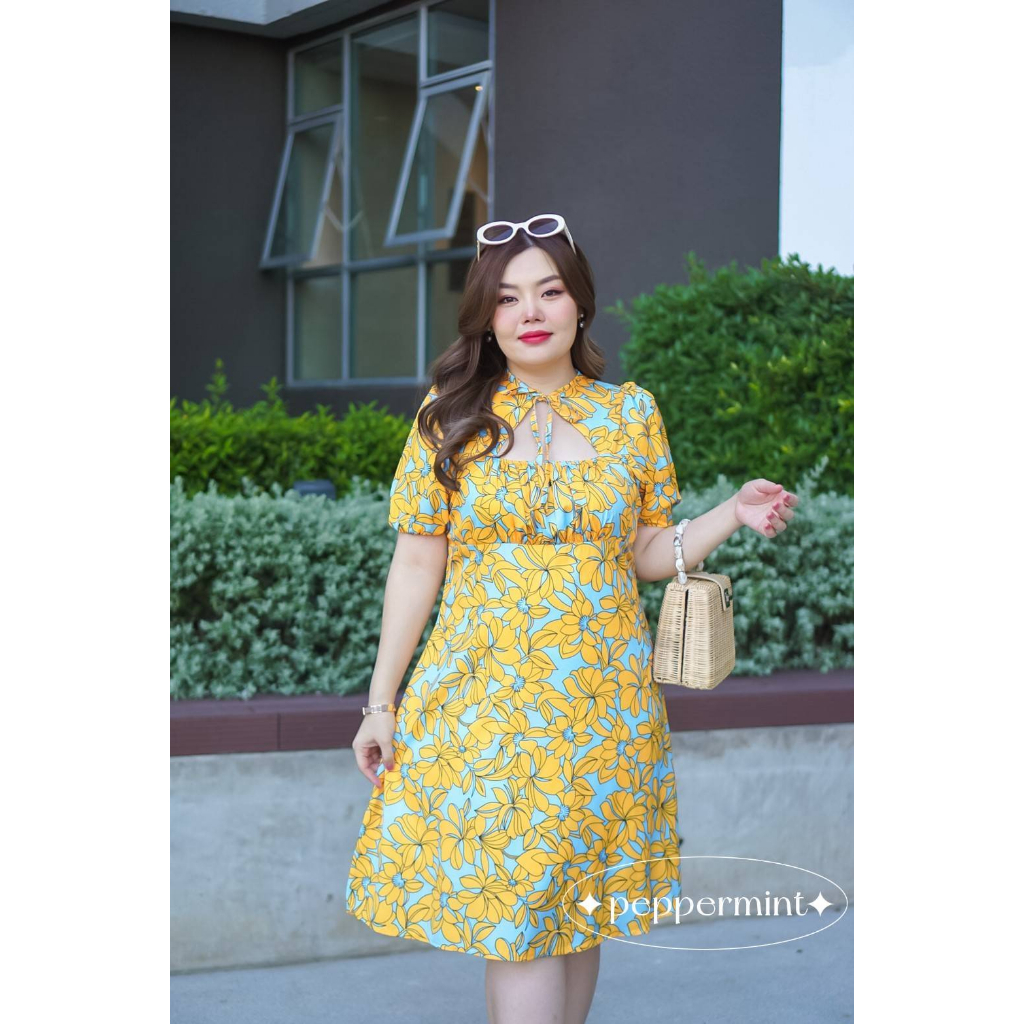 เดรสสาวอวบ ทรงรูดอก น่ารักสดใส ลายดอกคัลเลอร์ฟูล อก40-50 Peppermint PlusSize (634) | Shopee Thailand