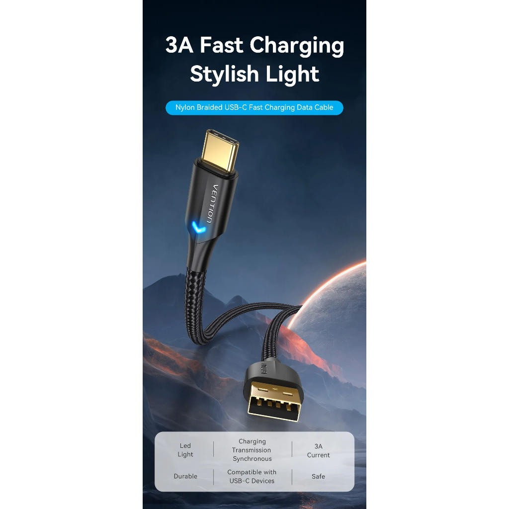 Vention USB Type C Cable 3A LED Fast Charge USB Data Cable Nylon Braid Cable (CTF) | Shopee Thailand