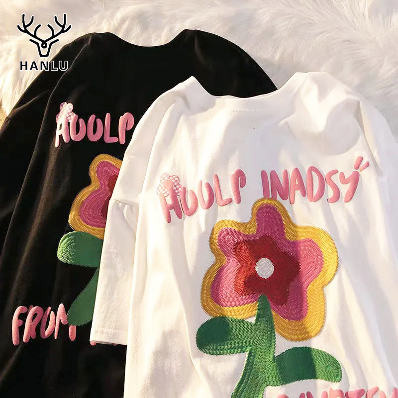 HANLU เสื้อยืดผู้ชายแฟชั่นเกาหลีพิมพ์ แขนสั้นหลวมอินเทรนด์แบรนด์จับคู่ ...