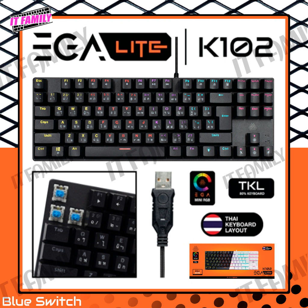 คีย์บอร์ดเกมมิ่ง EGA TYPE-K102 TKL GAMING KEYBORD Mini RGB Mechanical ...