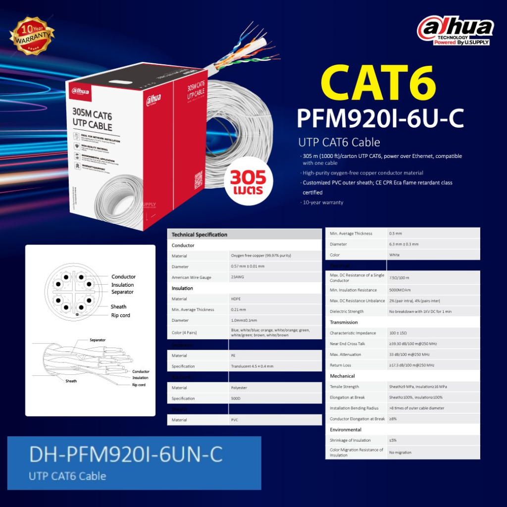 Dahua สาย UTP CAT6 Cable ยาว 305 m (1000 ft) รุ่น DH-PFM920I-6UN-C (White) สีขาว By Storetex ...