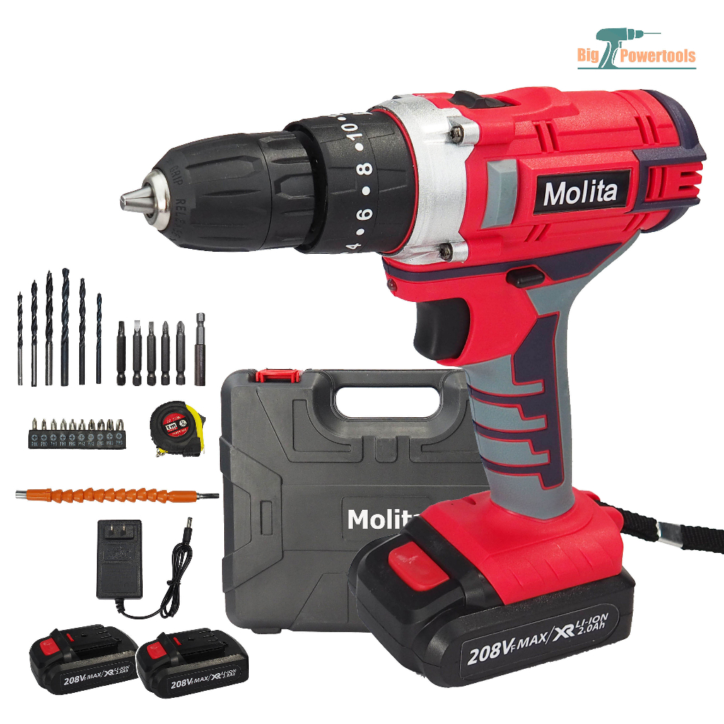 MOLITA สว่านไร้สาย 208V 3 ระบบ สว่านกระแทก แบตเตอรี่ 2 ก้อน พร้อม ดอกสว่าน และ อุปกรณ์ ...