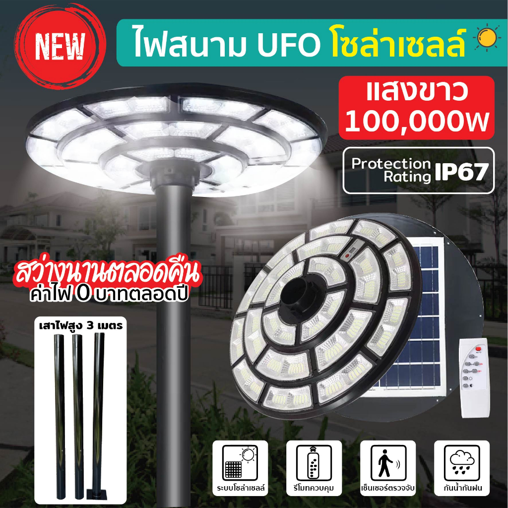 ไฟโซล่าเซลล์ UFO รุ่น 200,000 W โคมไฟถนน ไฟสนาม LED คุณภาพสูง แสงขาว กันน้ำ IP67 (ไม่รวมเสา ...