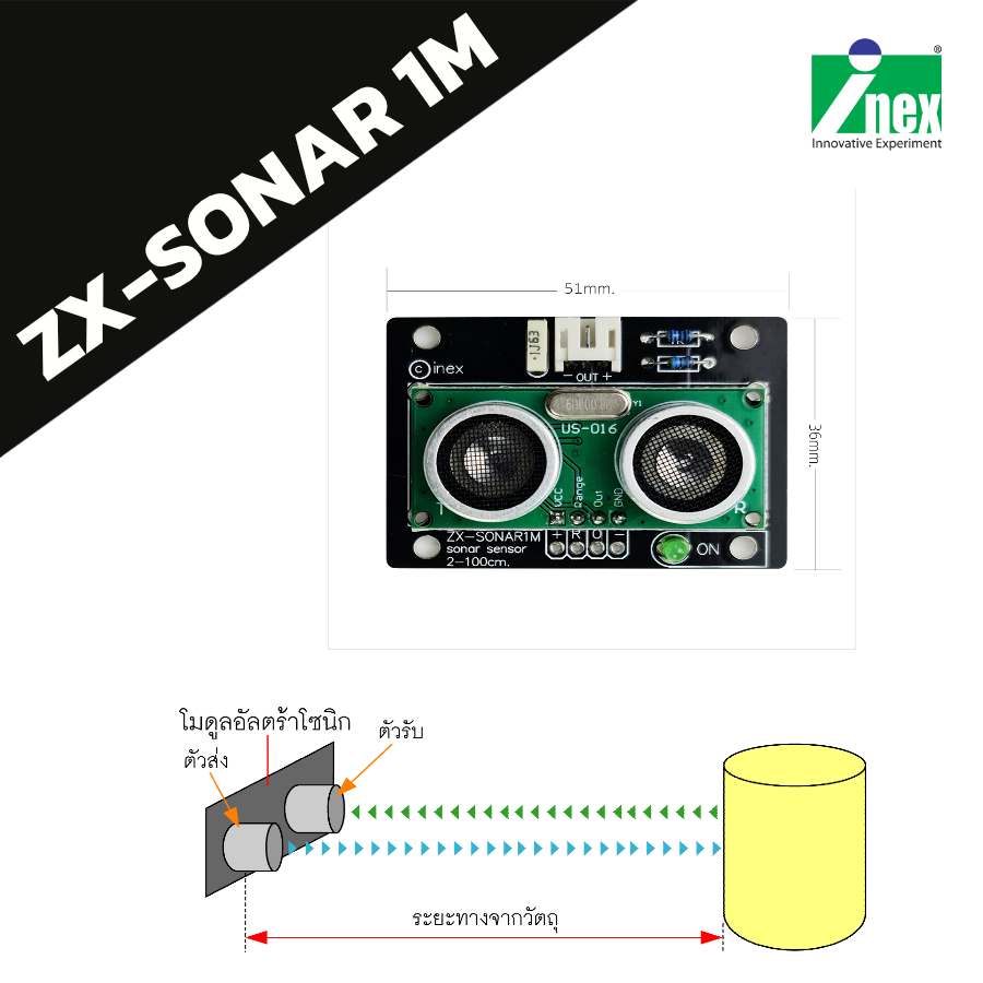 INEX ZX-Sonar1M โมดูลวัดระยะทางด้วยคลื่นอัลตร้าโซนิก#ผลการทำงานเป็นแรงดันไฟตรง/US016/ultrasonic ...