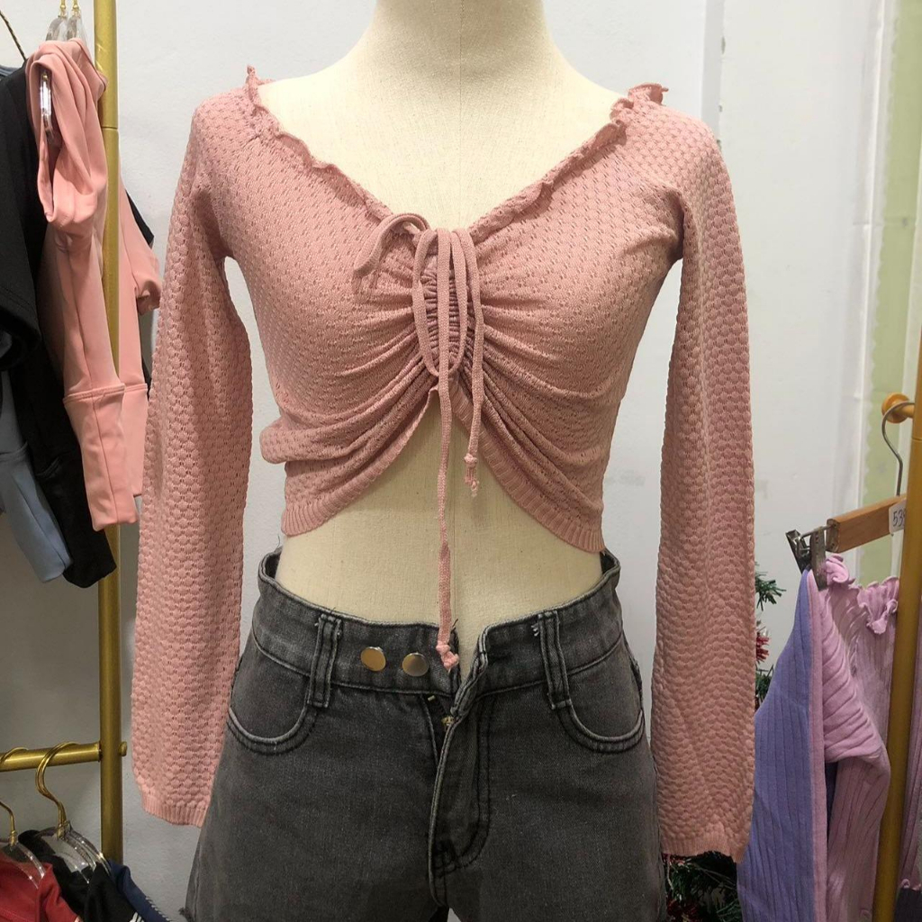 Yuki-CF0533 เสื้อไหมพรมแขนยาว เสื้อแขนยาวเปิดไหล่ ดีเทลเพิ่มสายผูกคอ ...