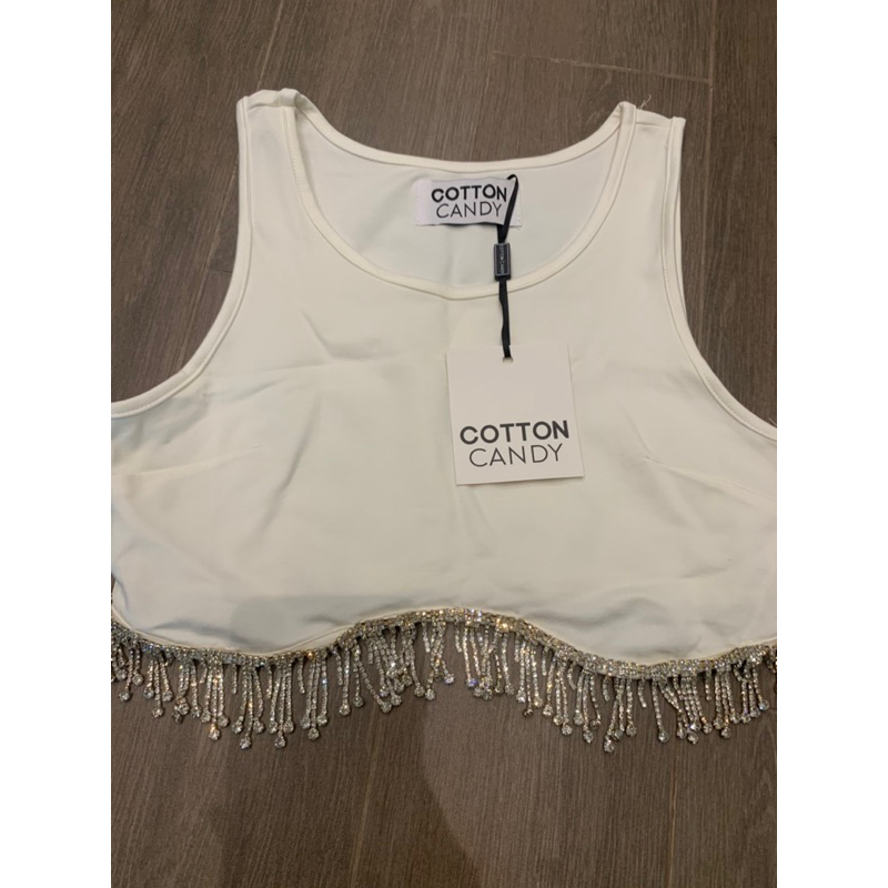 เสื้อครอปเก๋ๆแต่งชายเพชรป้ายcotton candy | Shopee Thailand