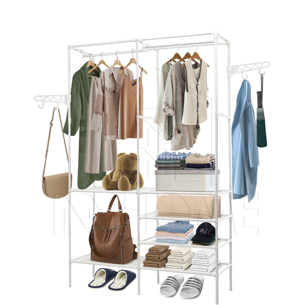 InnHome ราวแขวนผ้า ราวตากผ้า ตู้เสื้อผ้า 2IN1 แขวนและเก็บในหนึ่งเดียว พร้อมชั้นวางอเนกประสงค์ ...