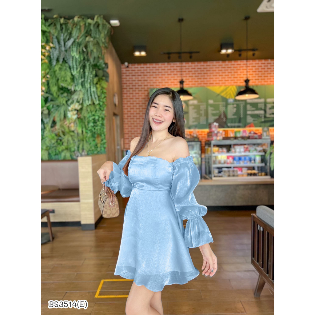 BS3514 เดรสเกาะอก แขนพอง แขนยาว ผ้าซีทรูมีซับทั้งตัว อกเสริมพองน้ำ ...