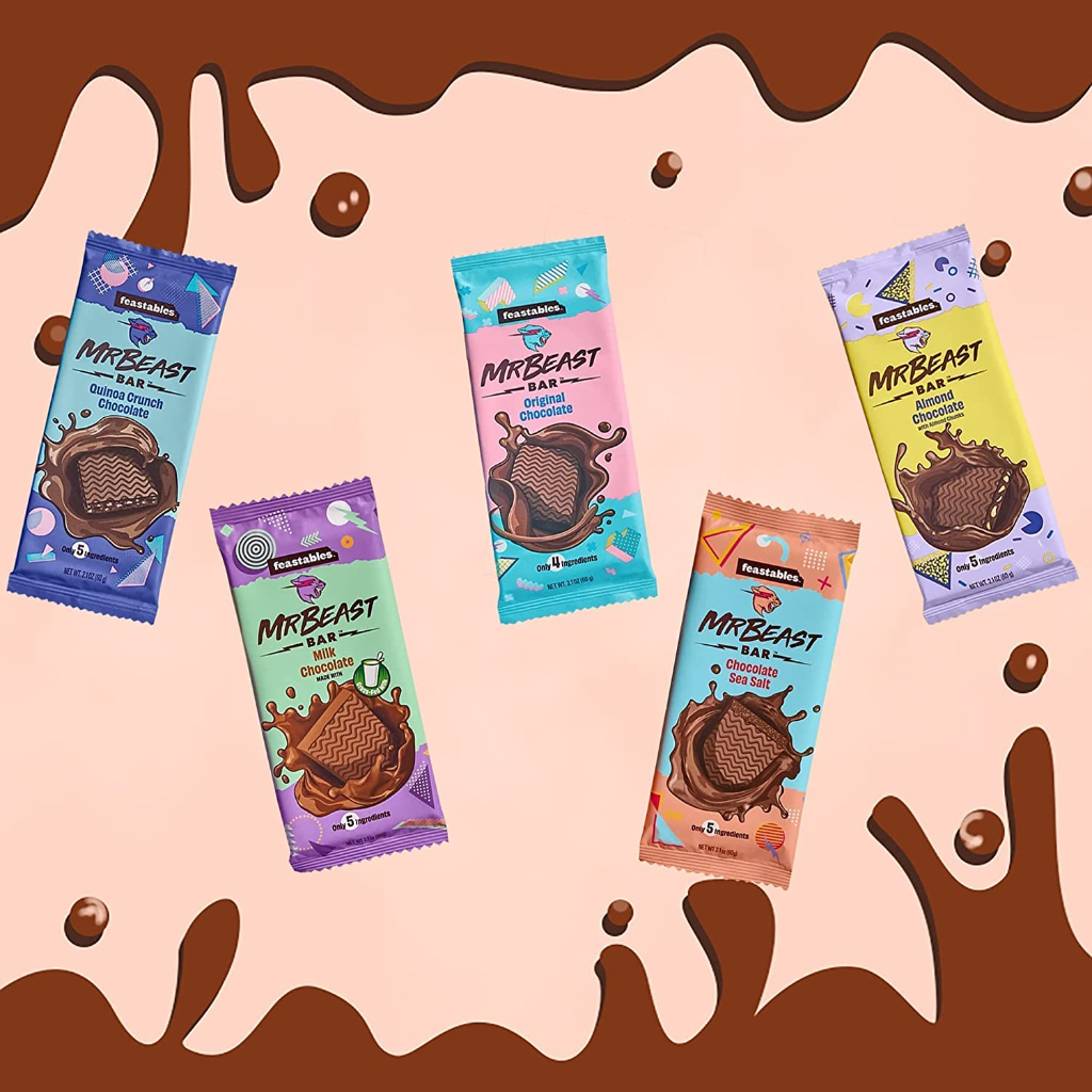 Feastables MrBeast Chocolate Bar - 2.1 oz/60 g แพ็คด้วยอุปกรณ์ป้องกัน ...
