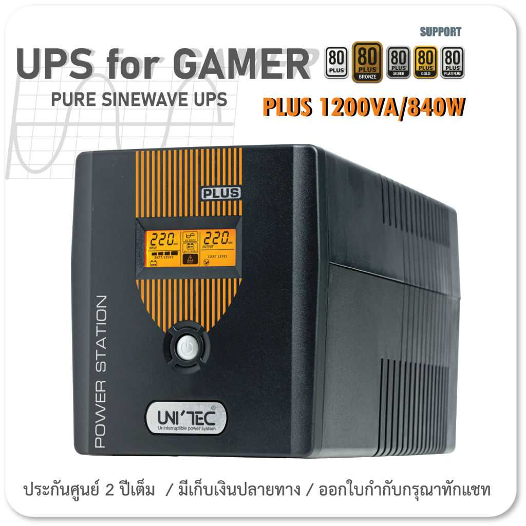 PLUS 1200VA/840W UPS รูปคลื่นเพียวซายเวฟ เหมาะกับคอมทุกชนิด/Gaming Com ...