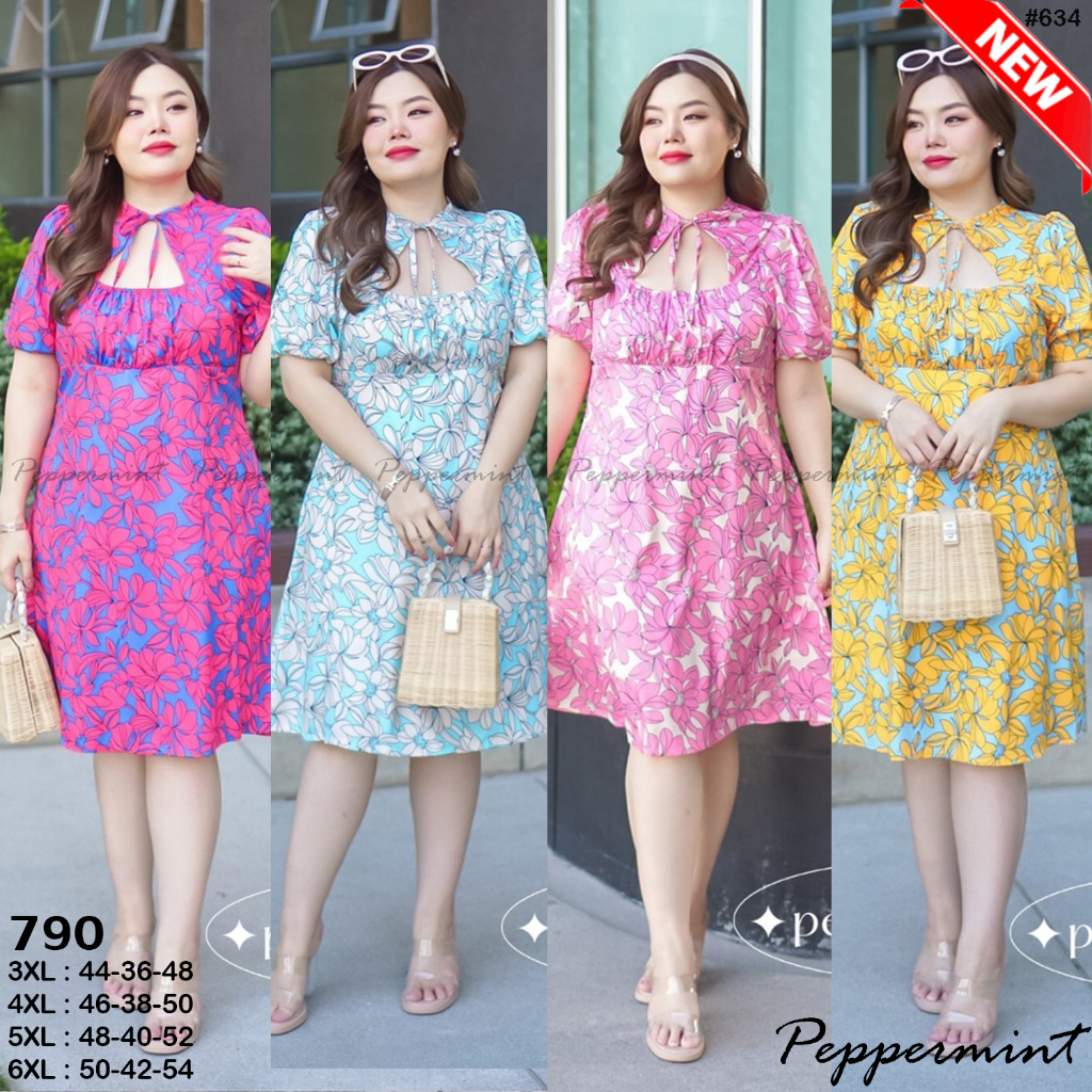 เดรสสาวอวบ ทรงรูดอก น่ารักสดใส ลายดอกคัลเลอร์ฟูล อก40-50 Peppermint PlusSize (634) | Shopee Thailand