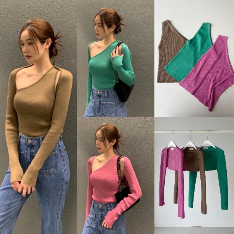 Ey_official#A1178#พร้อมส่งเสื้อไหล่เดียว+เสื้อคลุมผ้าไหมพรมนุ่มยืดยุ่น ...