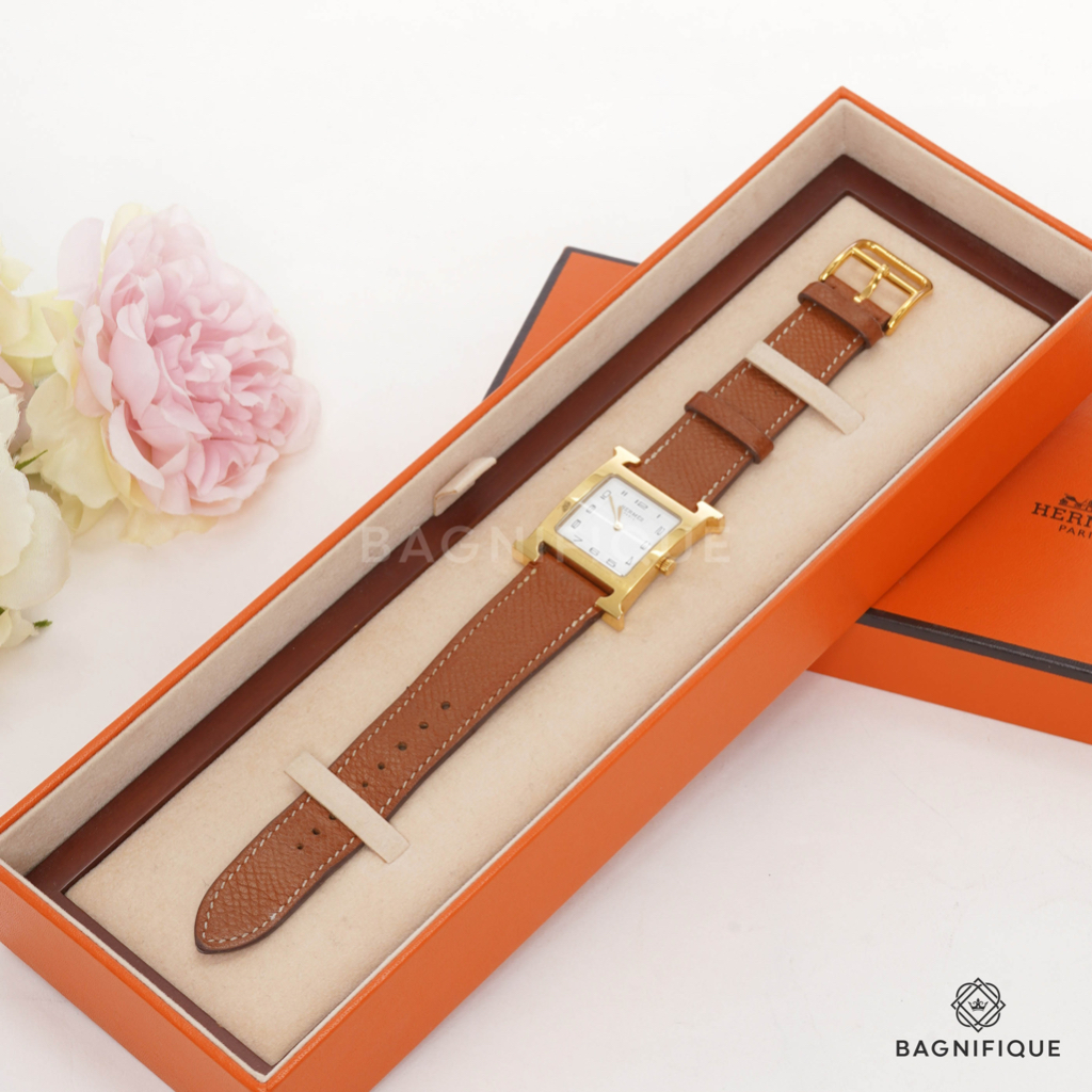 HERMES H WATCH 30 MM BROWN LEATHER GHW | Shopee Thailand