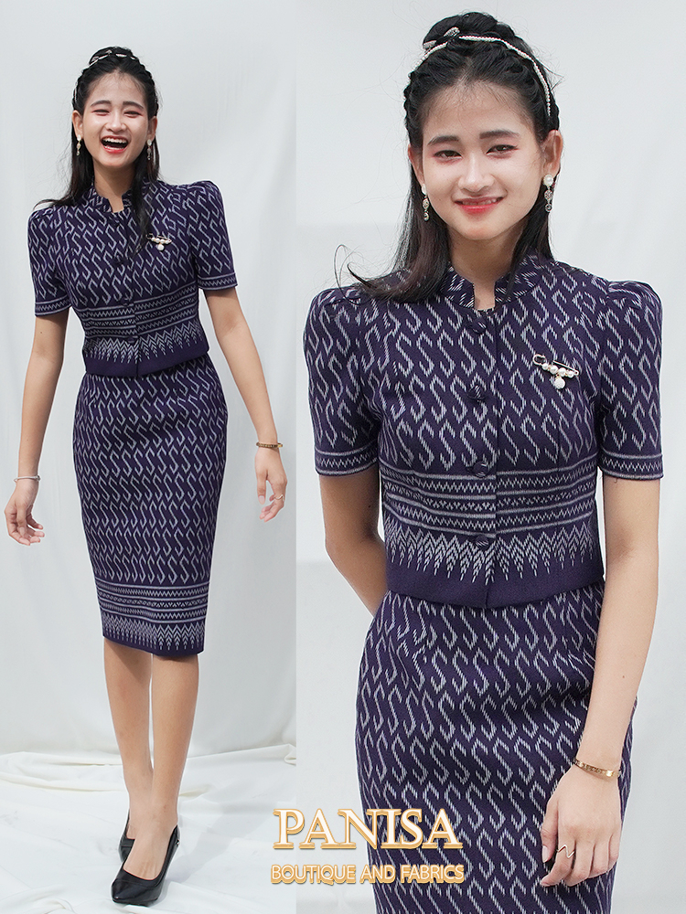 แบรนด์ PANISA ชุดทำงานผ้าไทย NO.3สีกรมท่าเข้ม จิตรลดาแขนสั้น | Shopee ...
