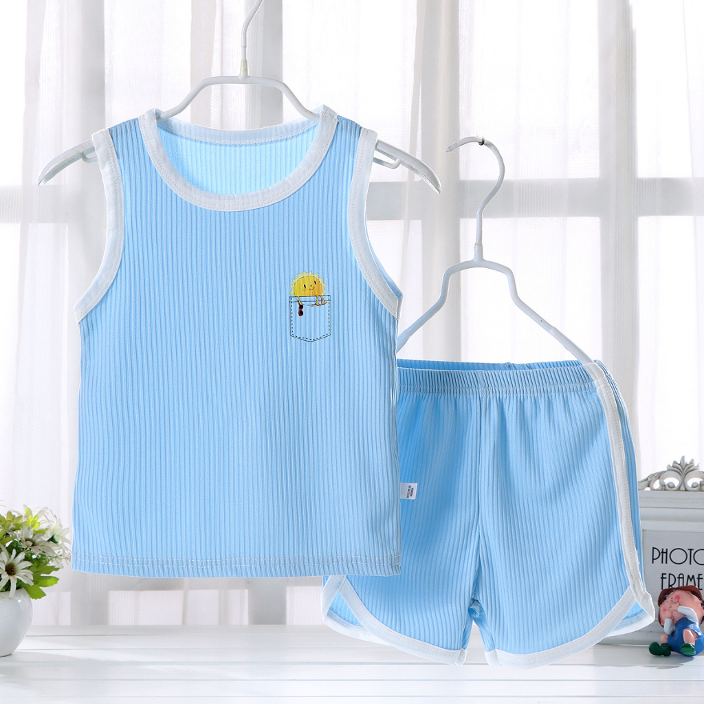 Babyonline(Y043)C2 ชุดเซ็ตเสื้อกล้ามกางเกงขาสั้นสำหรับเด็กลายการ์ตูนผ้า ...