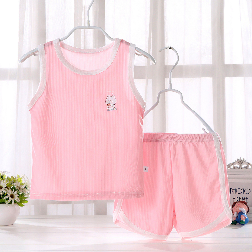 Babyonline(Y043)C2 ชุดเซ็ตเสื้อกล้ามกางเกงขาสั้นสำหรับเด็กลายการ์ตูนผ้า ...