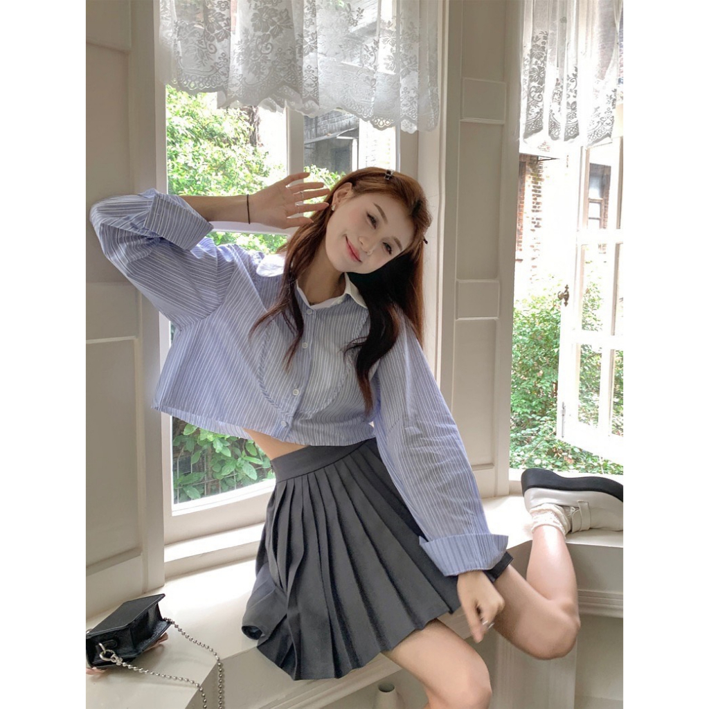 (T282) 𝑨𝒌𝒊 𝑺𝒆𝒕 🧸☀️🌈 เสื้อเชิ้ตแขนทรงสั้นสไตล์เกาหลี กระโปรงเทนนิสสีเทา ...