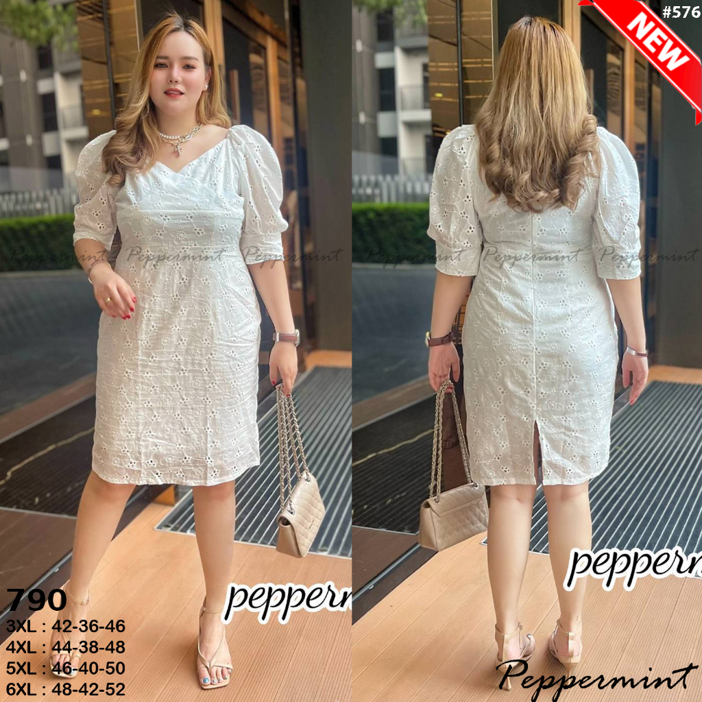 ราคาพิเศษ ‼️เดรสสาวอวบ ผ้าลูกไม้ปักฉลุ แพทเทิรนดีงาม สีขาว อก40-50 Peppermint PlusSize (576 A ...