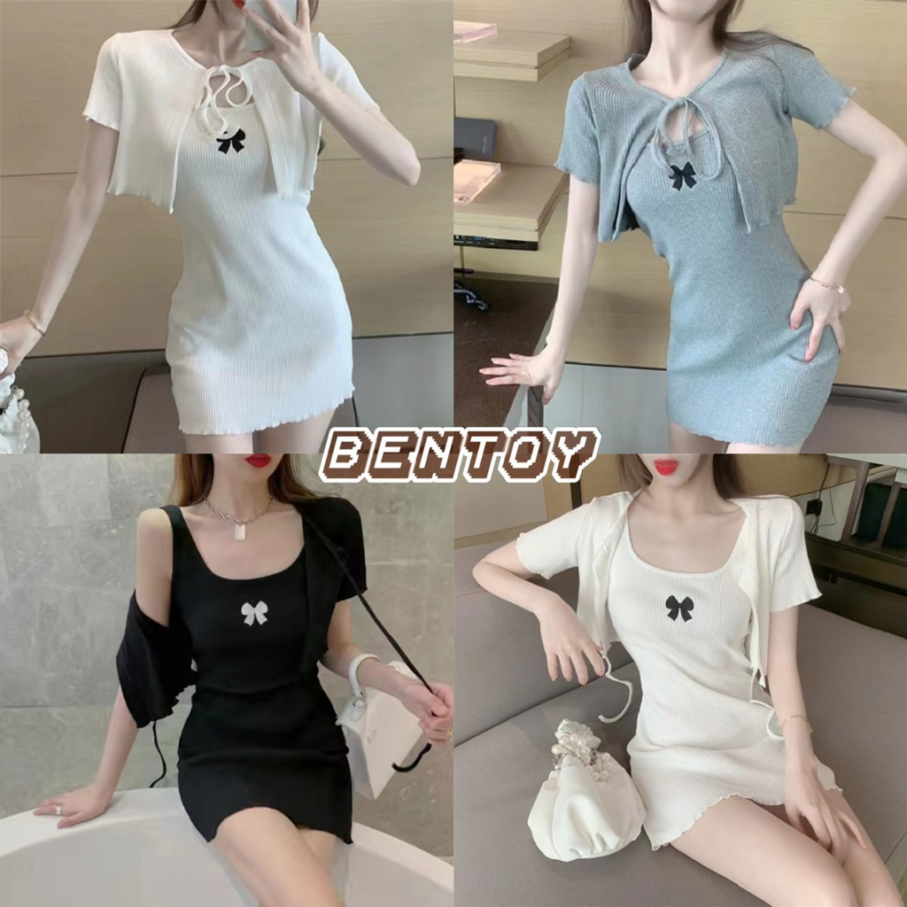 Bentoy(850050+850050-1) ชุดเดรสสายเดี่ยวพร้อมเสื้อคลุมแขนยาวไหมพรม ...