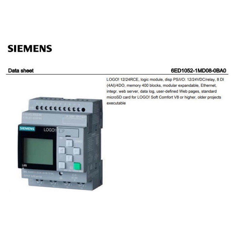 Siemens PLC LOGO! Series, Relay 10 A, 12/24DC, 8 Inputs, 4 Outputs ...