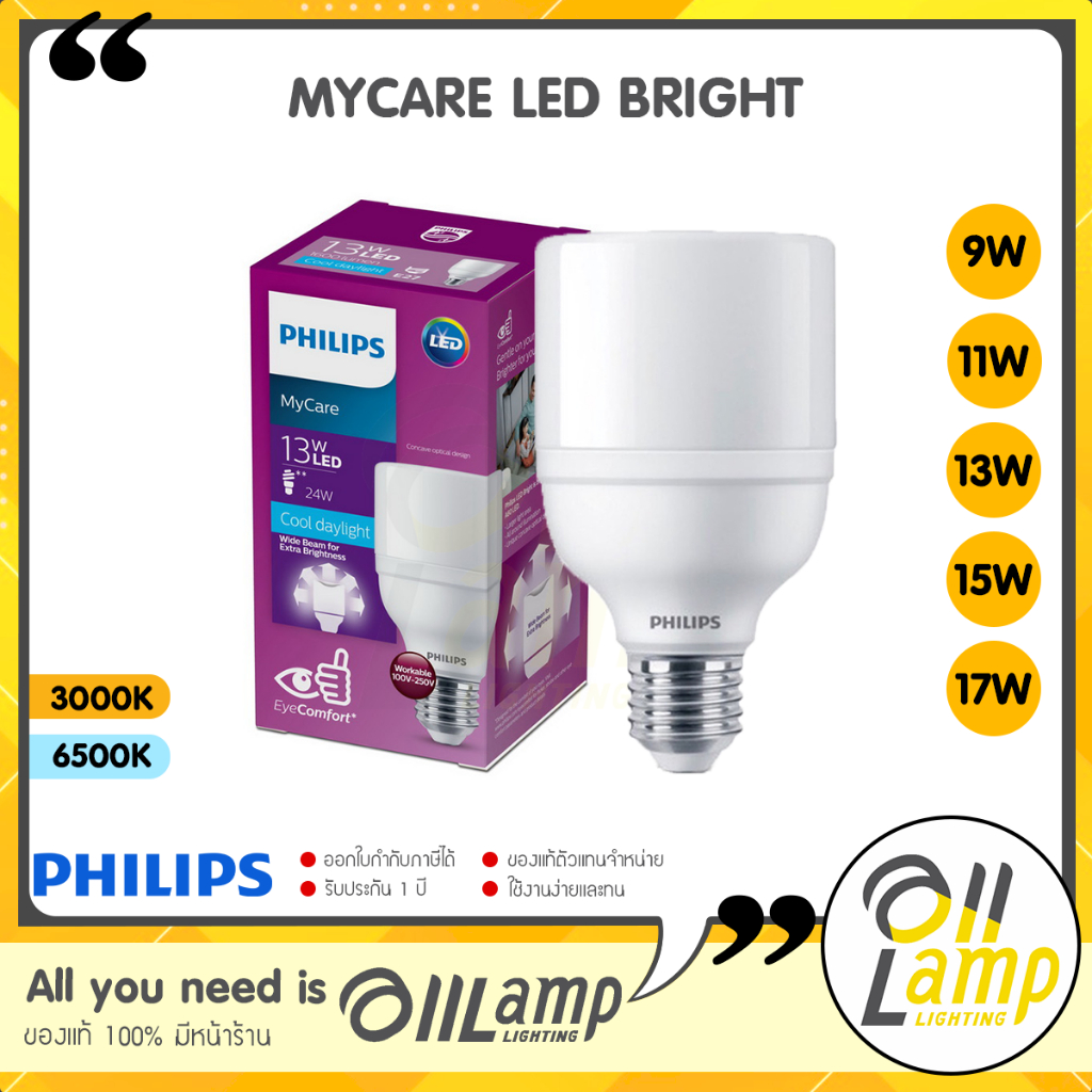 PHILIPS หลอดไฟ LED Bright 9w 11w 13w 15w 17w E27 รุ่น MyCare แสง 3000K 6500K หลอดประหยัดพลังงาน ...