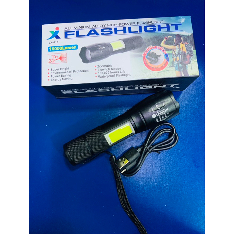 LED t6 ไฟฉายแรงสูง ไฟฉายซูม JX-618/619 XML T6+COB 25000w 4โหมดได้ ไฟแฟลช์ ไฟด้านข้าง ชาร์จ USB ...