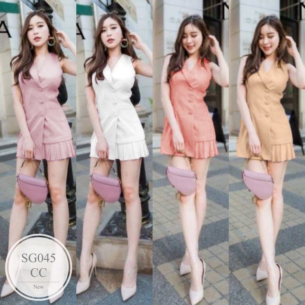 SG045 เดรสสั้น แขนกุด คอปก 1 ข้าง ชายอัดพีทข้างนึง ผ่าหน้าติดกระดุมแกะออกได้ เอวไม่สม็อค งานผ้า ...