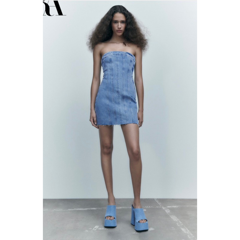 zara denim dress เกาะอก แท้ size xs new with tag | Shopee Thailand