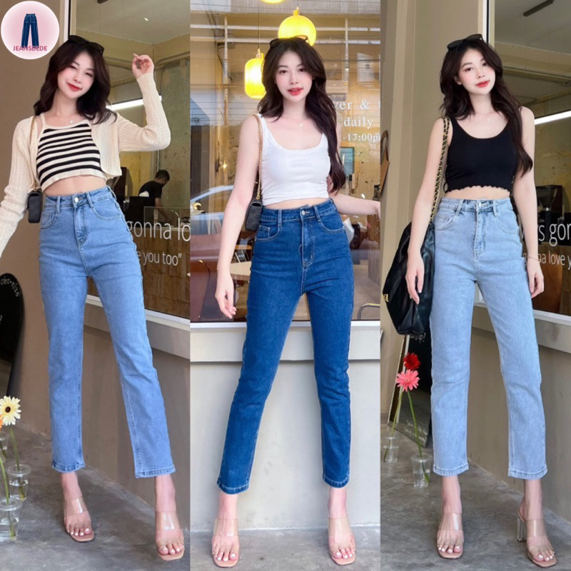 Jsara jeans กางเกงยีนส์เอวสูงทรงกระบอกเล็กผ้าผสมยืดสีฟอกรุ่นเรียบใส่ไป ...