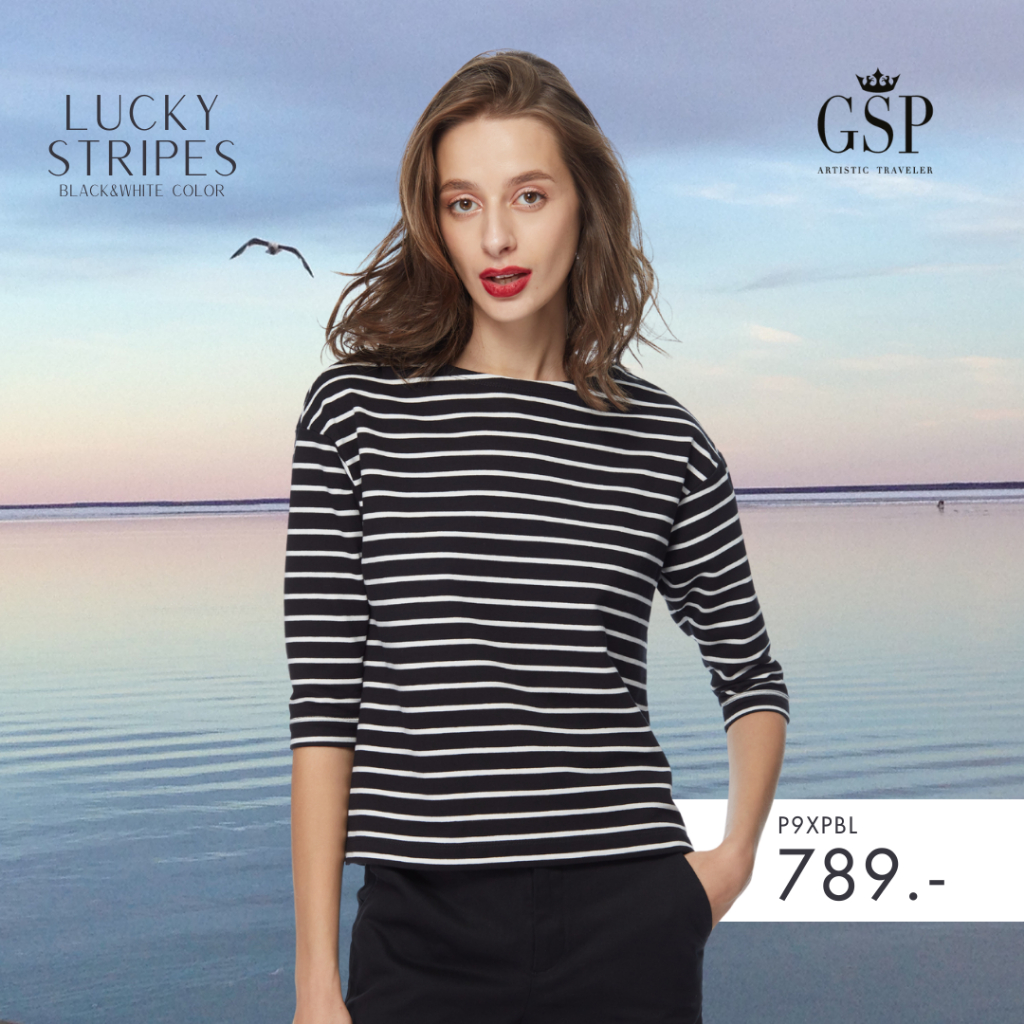 GSP woman's Tee shirt Lucky stripes เสื้อยืด แขนสามส่วน สีดำริ้วขาว ...