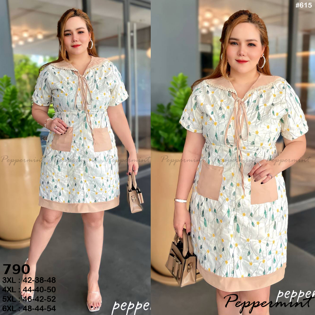 ราคาพิเศษ ‼️เดรสสาวอวบ คอปก แต่งเชือกผูก ผ้าคอตตอลปักดอกแน่นๆ งานน่ารักมากจ้า SizeXL-6XL ...