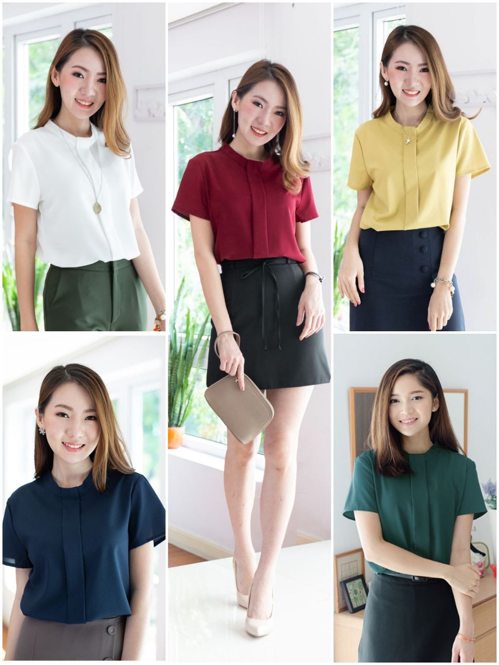 Narinari : NT407 Placket Short Sleeve Blouse - เสื้อทำงานคอปิด แต่งสาบหน้า | Shopee Thailand