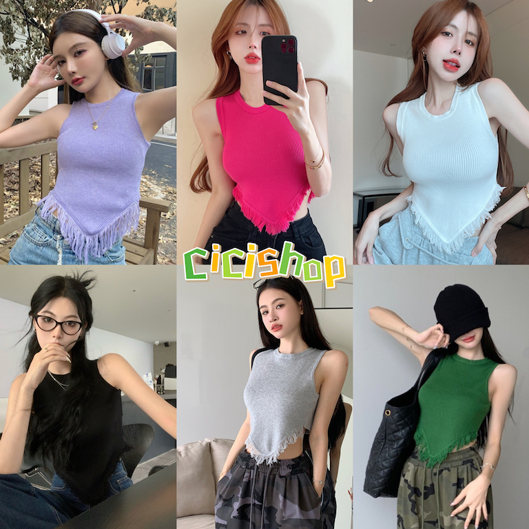 Cicishop(73530)เสื้อกล้ามครอปไหมพรม สีพื้นสุดชิค ดีเทลเเต่งชายเสื้อ | Shopee Thailand
