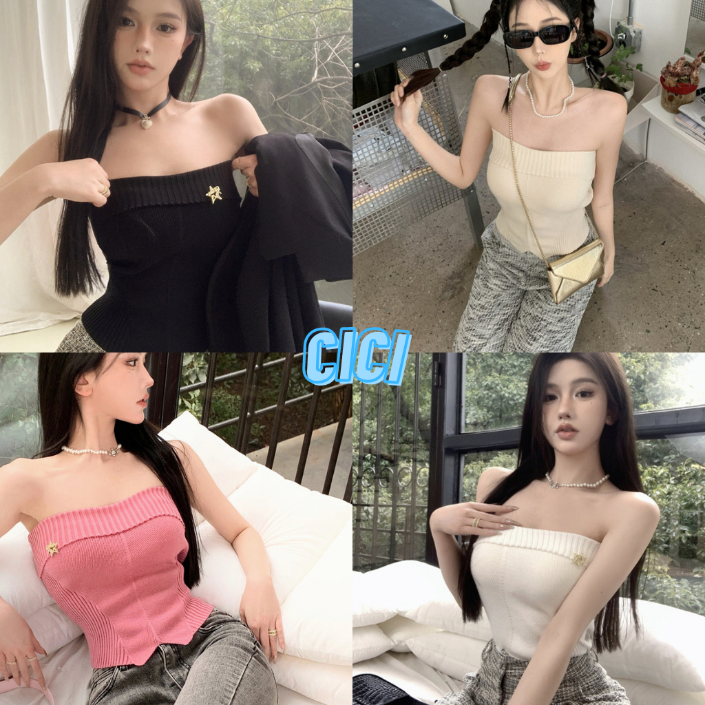 Cici(NO. 10282)เสื้อเกาะอกไหมพรม ดีเทลชายเหลี่ยม แต่งดาวทองเรียบแต่หรู | Shopee Thailand