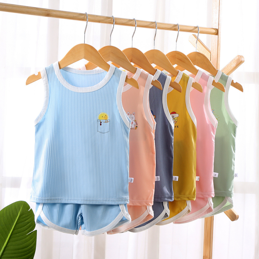 Babyonline(Y043)C2 ชุดเซ็ตเสื้อกล้ามกางเกงขาสั้นสำหรับเด็กลายการ์ตูนผ้า ...