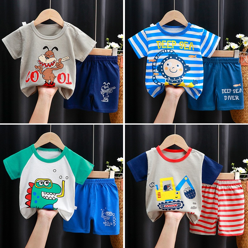 Babyonline(Y036)OF00 ชุดเซ็ตเสื้อแขนสั้นกางเกงขาสั้นผ้าฝ้ายลายการ์ตูน ...