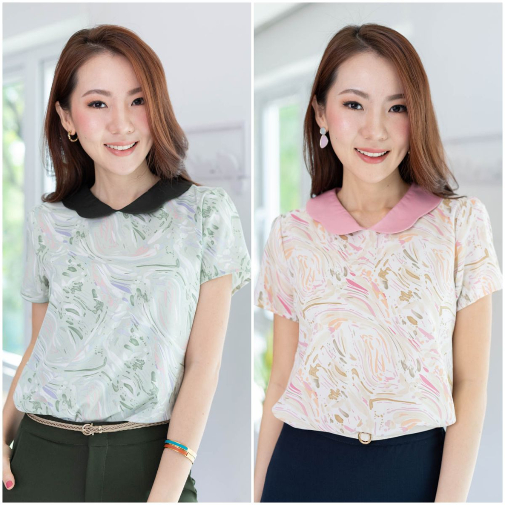 Narinari : NT2369 Scallop Collar Graphic Blouse - เสื้อทำงาน (ใช้โค้ด 'NARISP10' ลดทันที 65 ...