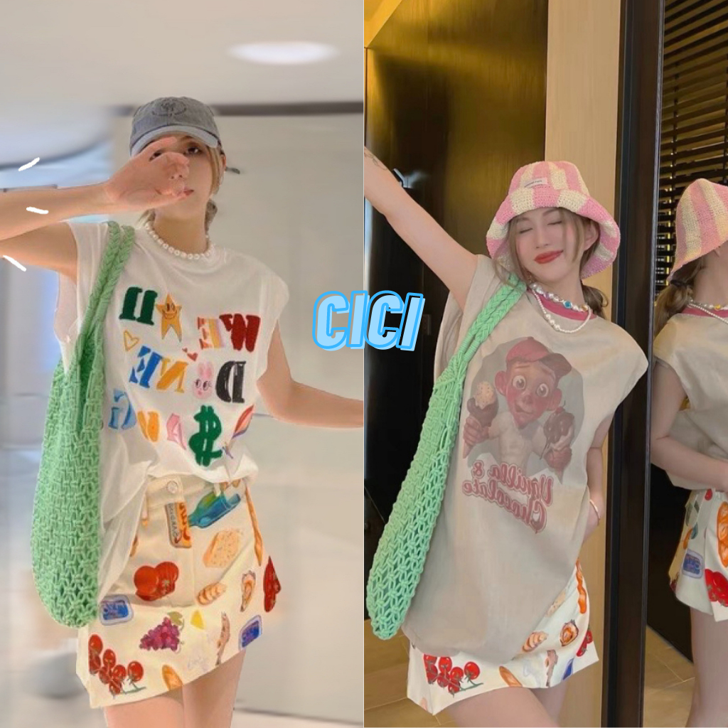 Cici(NO.8373)เสื้อยืดแขนกุด พิมพ์ลายการ์ตูน/ตัวอักษร ทรงหลวมสไตล์minimal น่ารักสุดๆ | Shopee ...